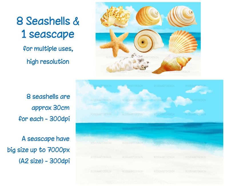 Watercolor Seashells Clipart, Starfish Clipart, Seascape Background ...