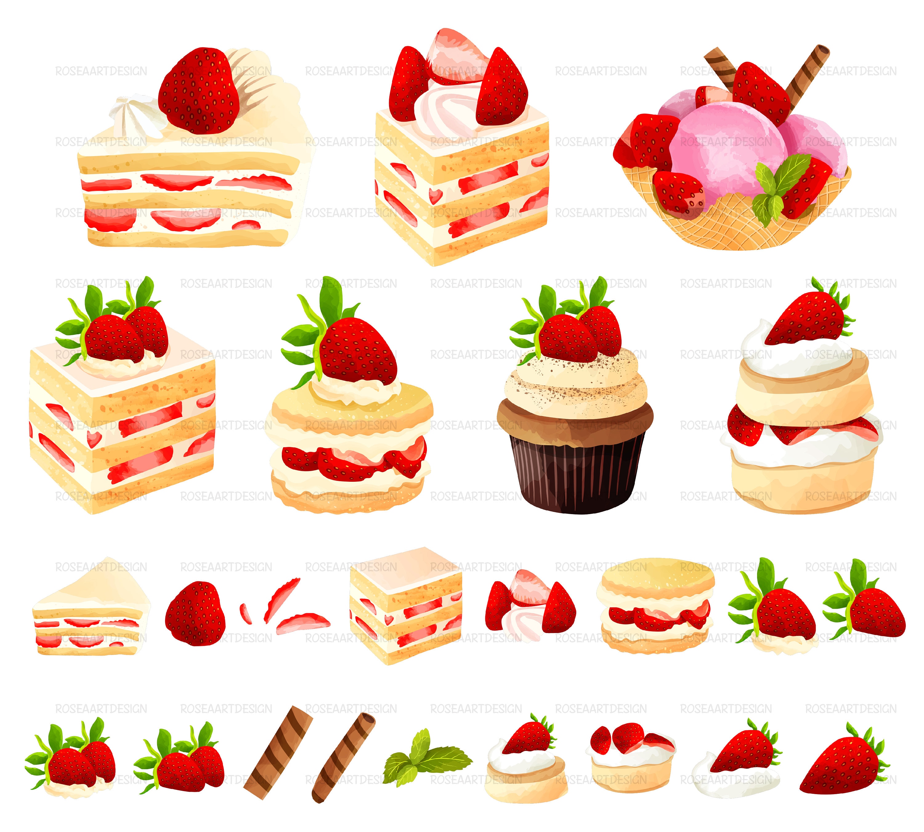 Watercolor Strawberry Desserts Clipart, Strawberry Shortcake ...