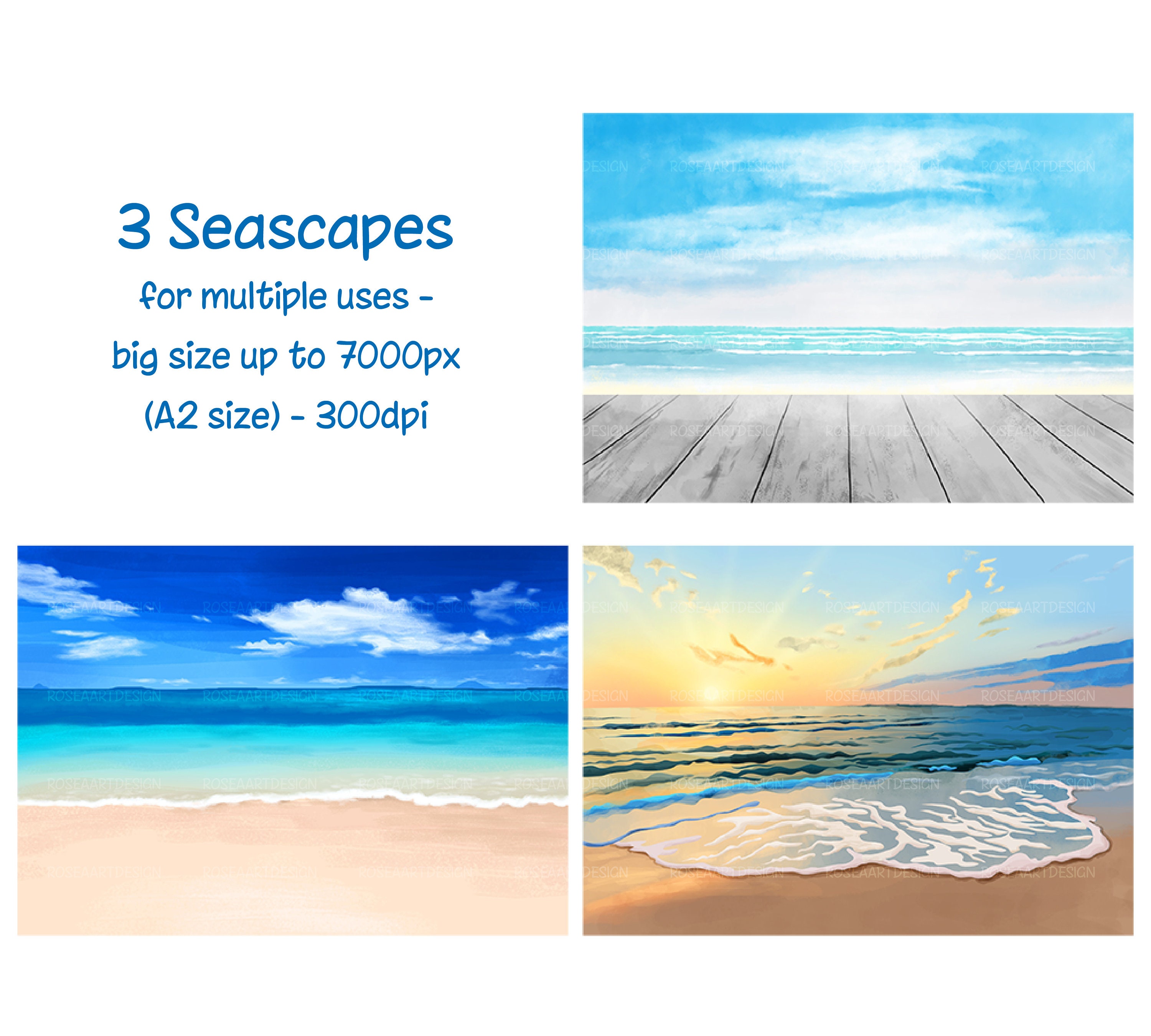 Watercolor Seascapes Clipart, Instant Download, Ocean Sky Sea Sand ...
