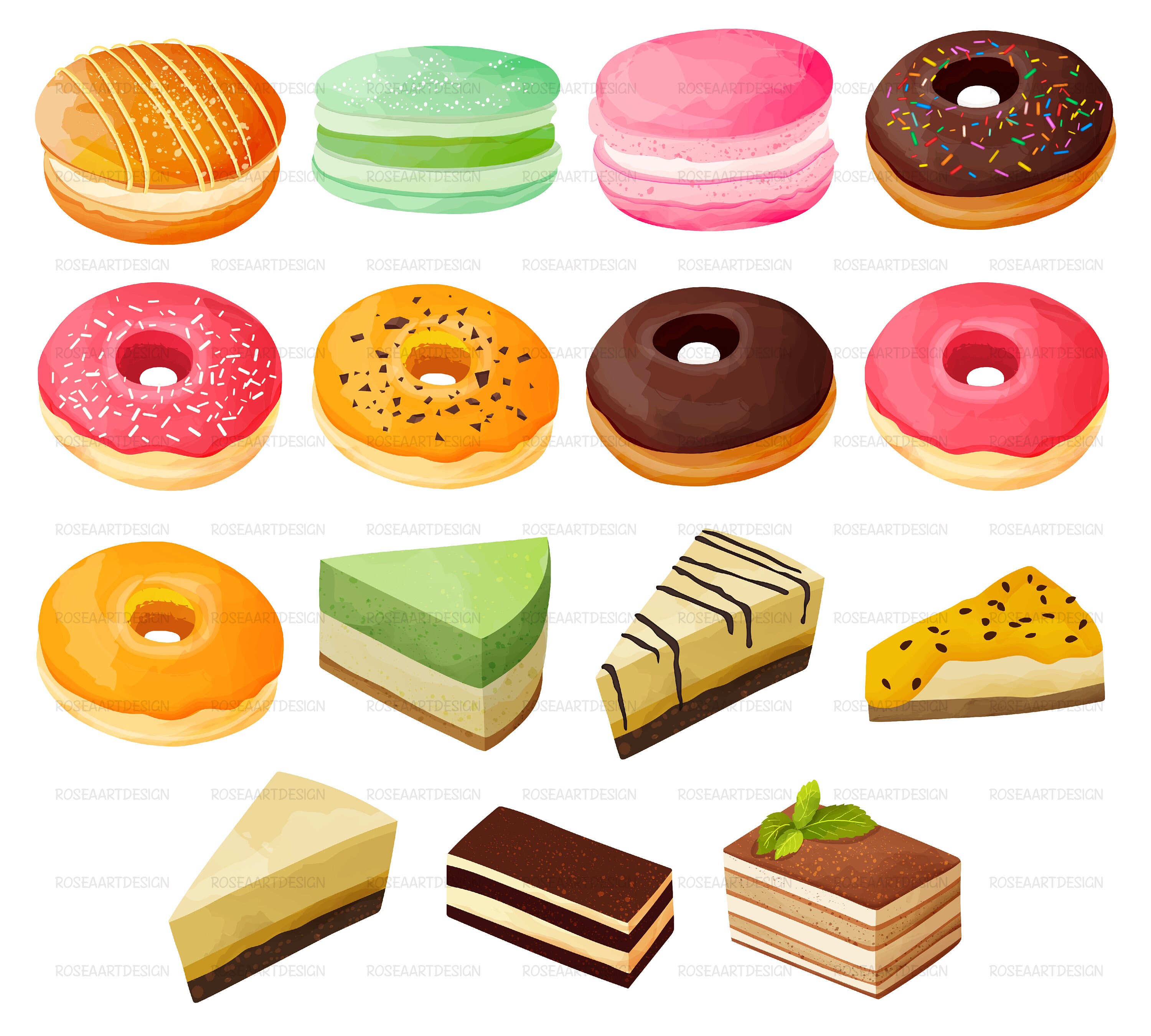 Watercolor Donut Clipart, Macaron Clipart, Cheesecake Clipart, Tiramisu ...
