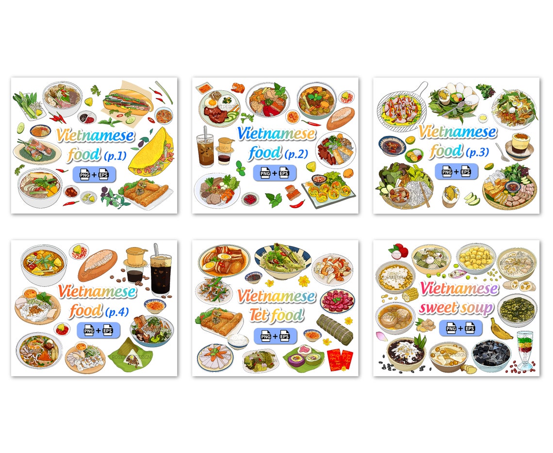Vietnamese Food Clipart: Pho, Spring Rolls, Banh Mi (PNG, EPS) - Etsy