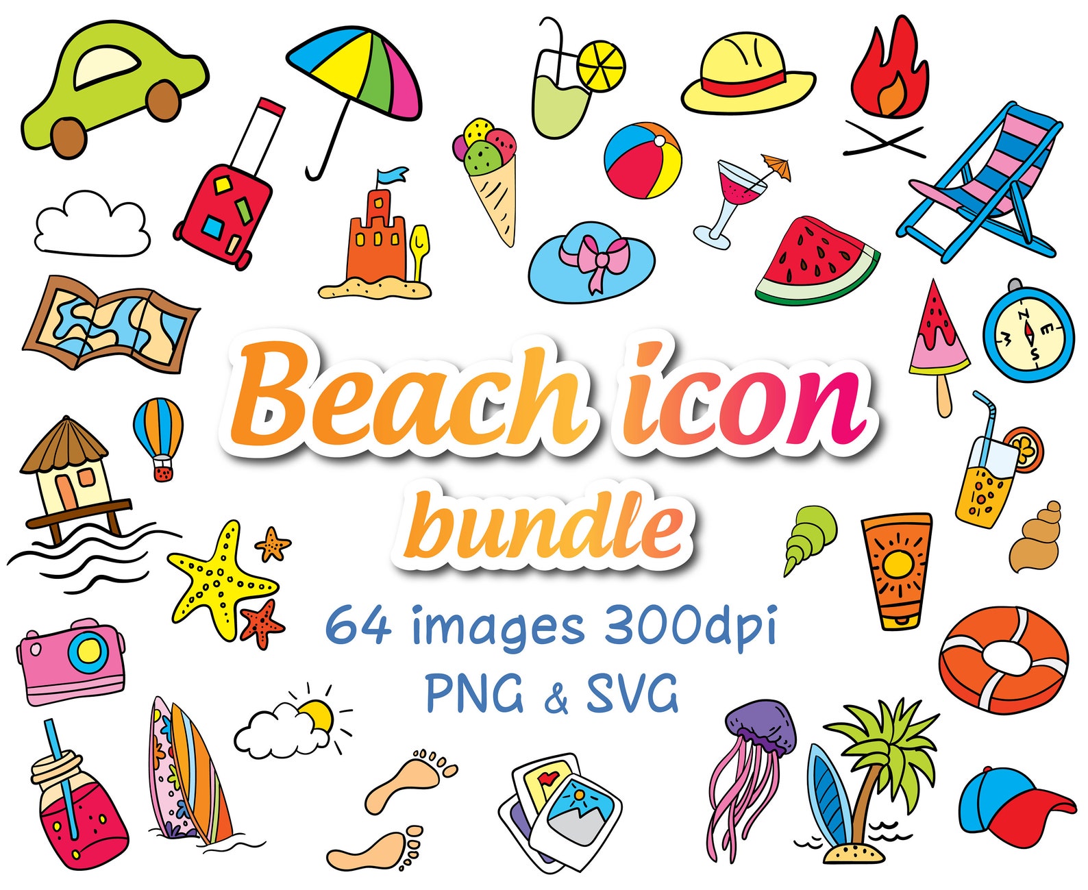 Hand Drawn Beach Clipart Bundle SVG, Beach PNG, Ocean PNG, Beach Icon ...