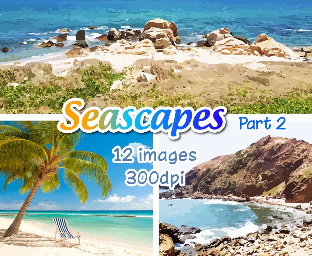 Watercolor Seascapes Clipart, Instant Download, Sunset Ocean Sky Sea ...