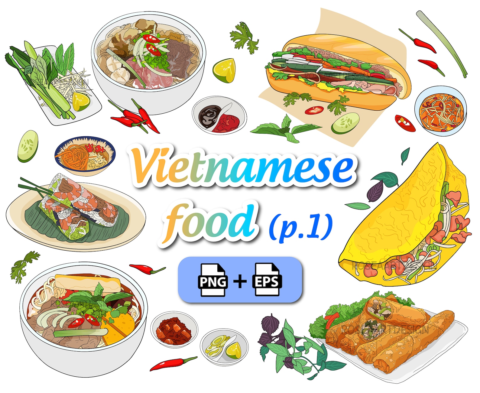 Vietnamese Food Clipart: Pho, Spring Rolls, Banh Mi (PNG, EPS) - Etsy