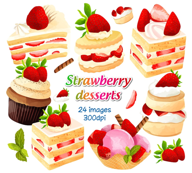 Watercolor Strawberry Desserts Clipart, Strawberry Shortcake ...