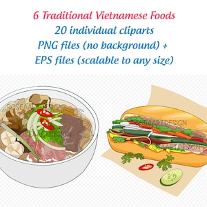 Vietnamese Food Clipart: Pho, Spring Rolls, Banh Mi (PNG, EPS) - Etsy