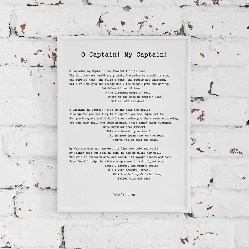 Walt Whitman Poem Print, O Captain My Captain Poetry Wall Art, Dead ...