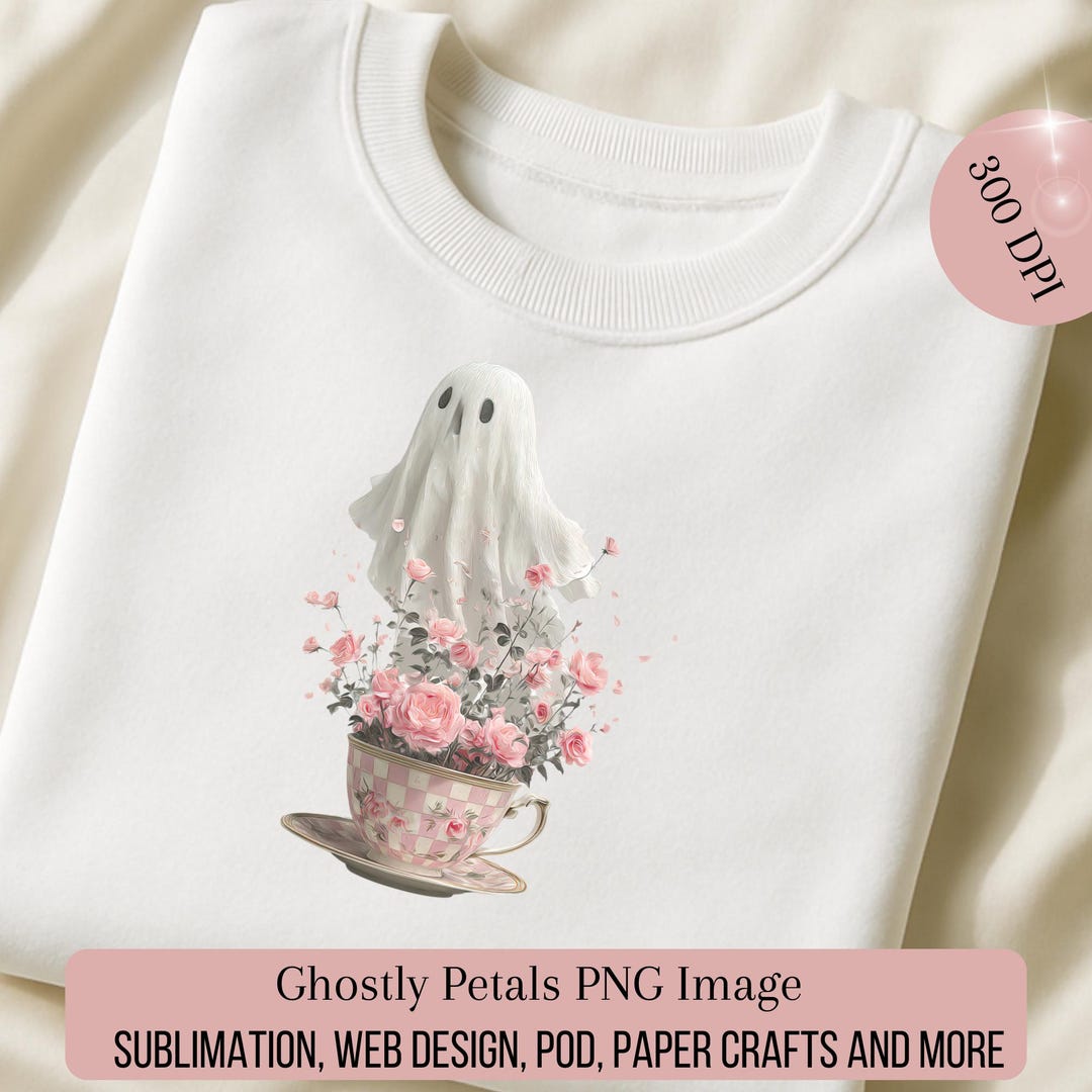 Cute Ghost PNG Sublimation Design, Vintage Teacup With Roses and Ghost ...