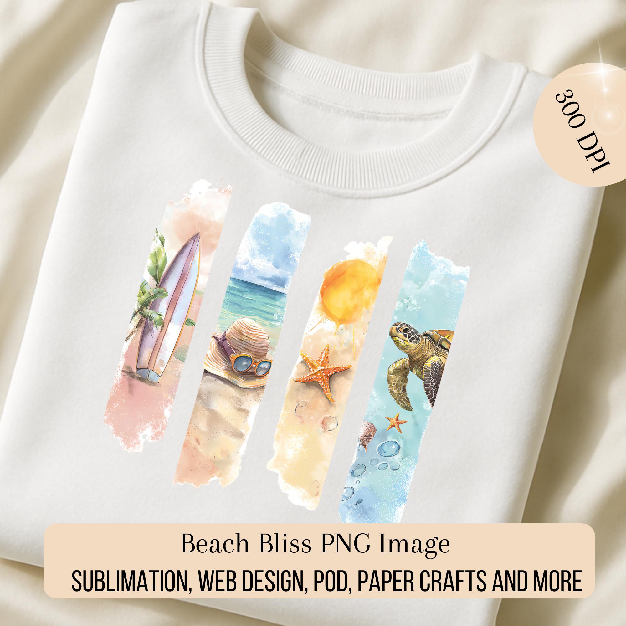 Beach PNG Sublimation Design, Summer Clipart With Sea Turtle, Surfboard ...
