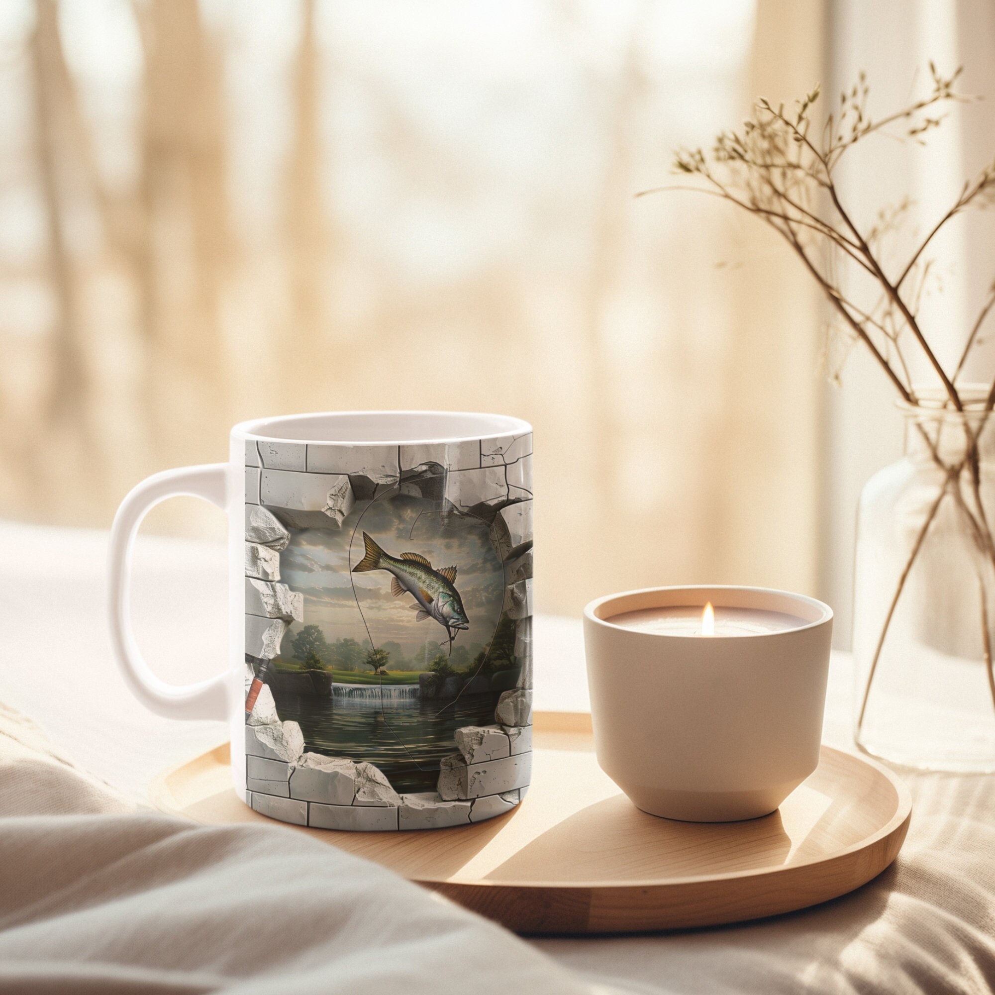 3D Break Through Wall Fish Mug, PNG File for 11oz 15oz Mug, Fishing ...