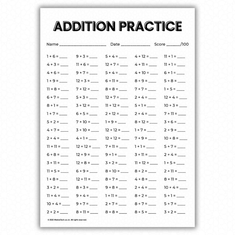 10 Printable Addition 1-12 Worksheets – Printable Math Drills (PDF ...