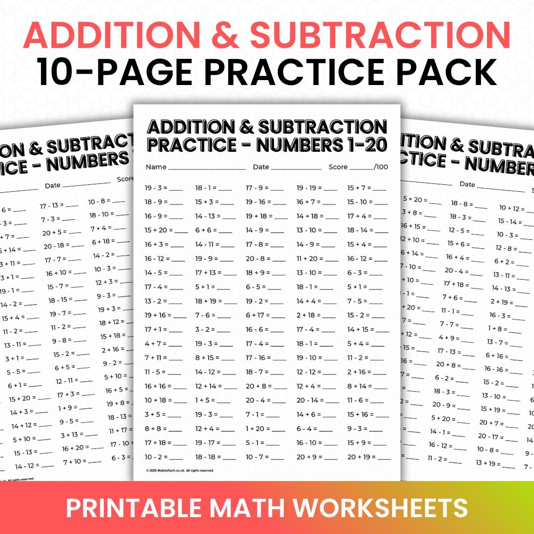 10 Printable Addition & Subtraction Worksheets – Numbers 1-20 Practice ...