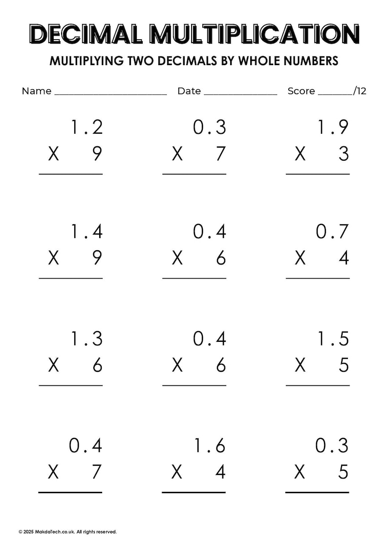 10 Printable Decimal Multiplication Worksheets Practice Pack - Column ...