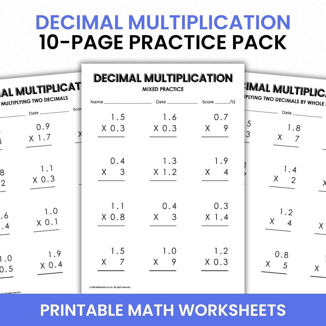 10 Printable Decimal Multiplication Worksheets Practice Pack - Column ...