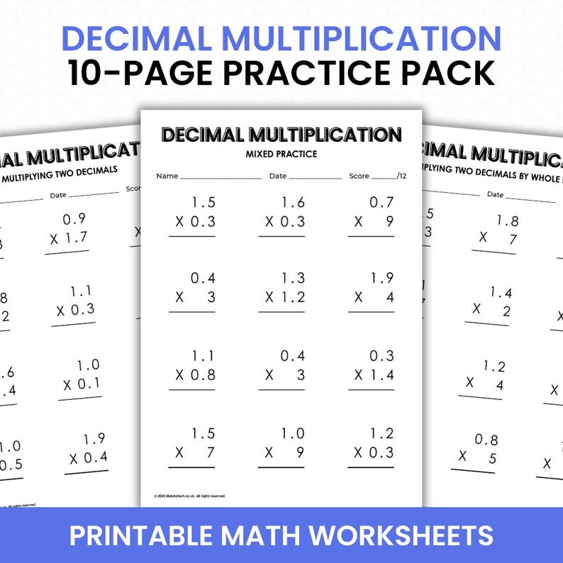 10 Printable Decimal Multiplication Worksheets Practice Pack - Column ...
