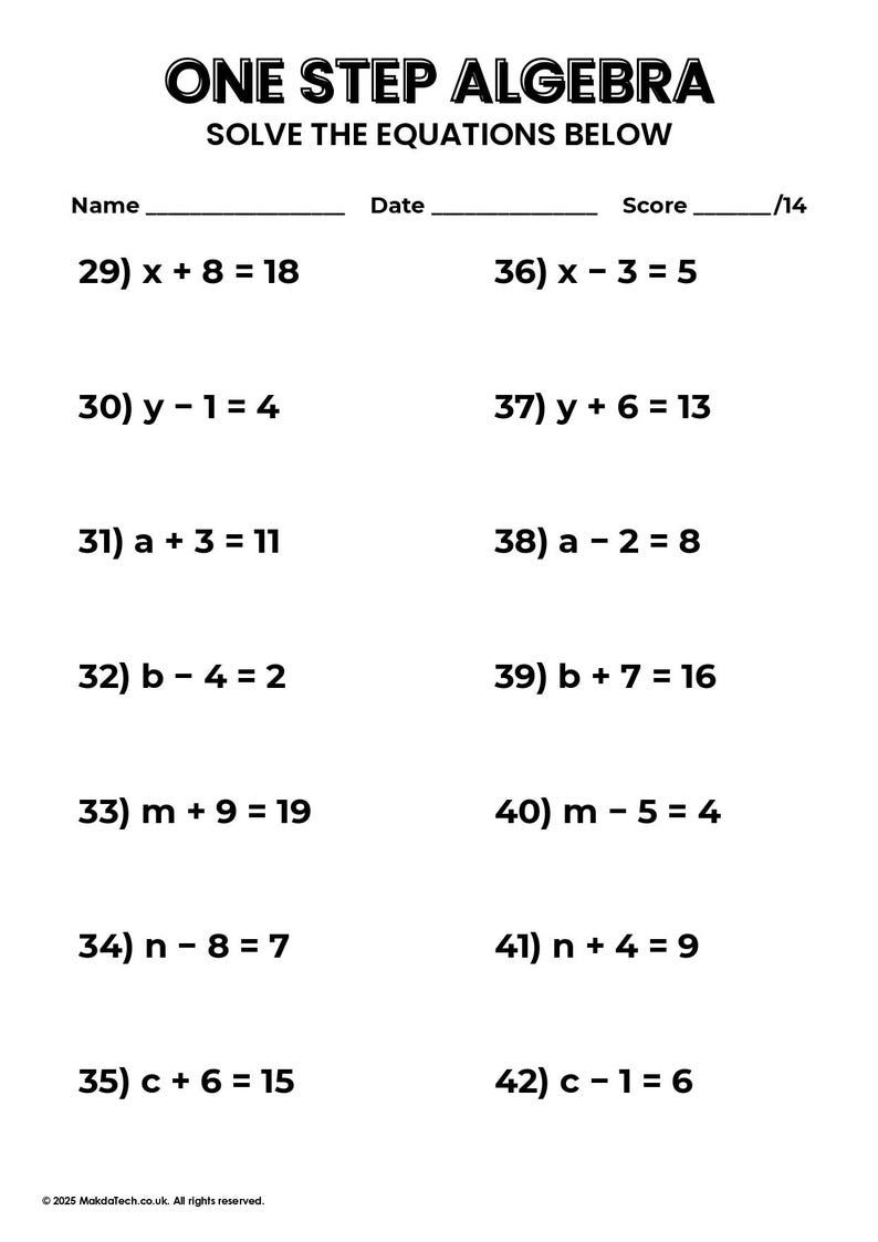 10 Printable One Step Algebra Equation and Two Step Algebra Equation ...