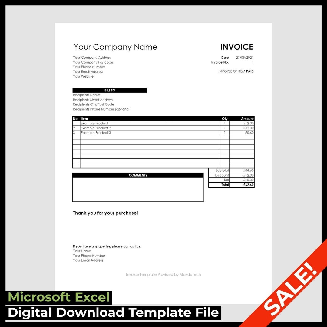 Simple Sales Invoice / Receipt Template 2024 Microsoft Excel Easy to ...