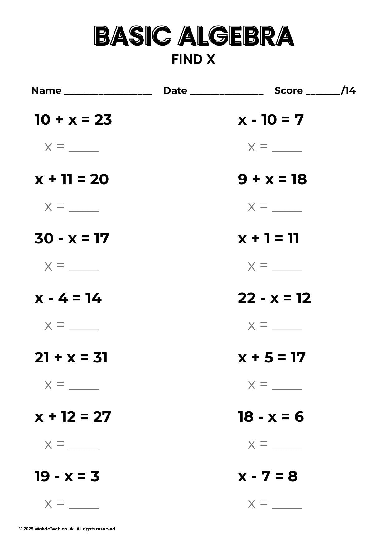 10 Printable Basic Algebra Worksheets - Algebra for Beginners Practice ...