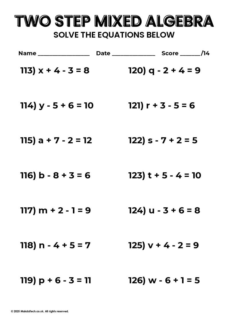 10 Printable One Step Algebra Equation and Two Step Algebra Equation ...