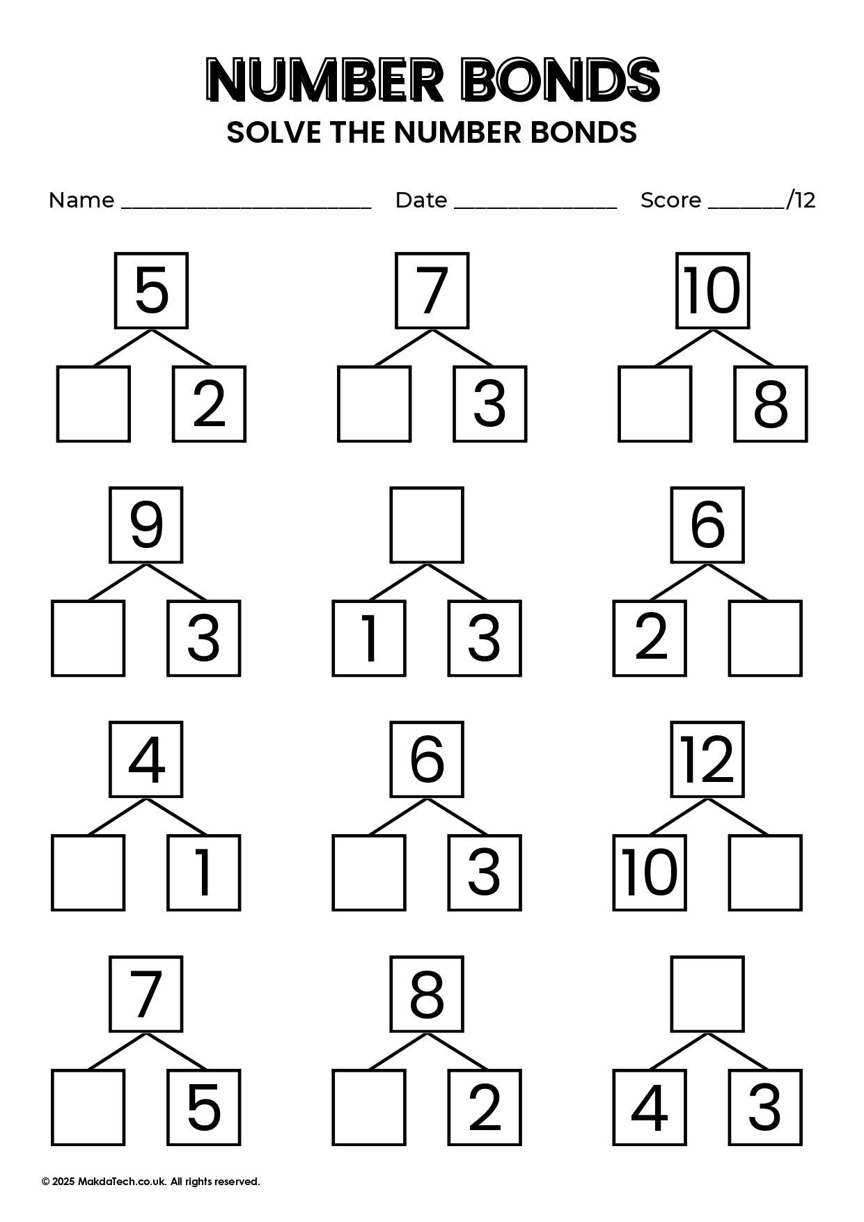 10 Printable Number Bond Addition Fill in the Blanks Worksheets ...