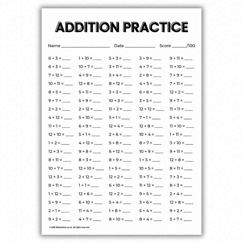 10 Printable Addition 1-12 Worksheets – Printable Math Drills (PDF ...