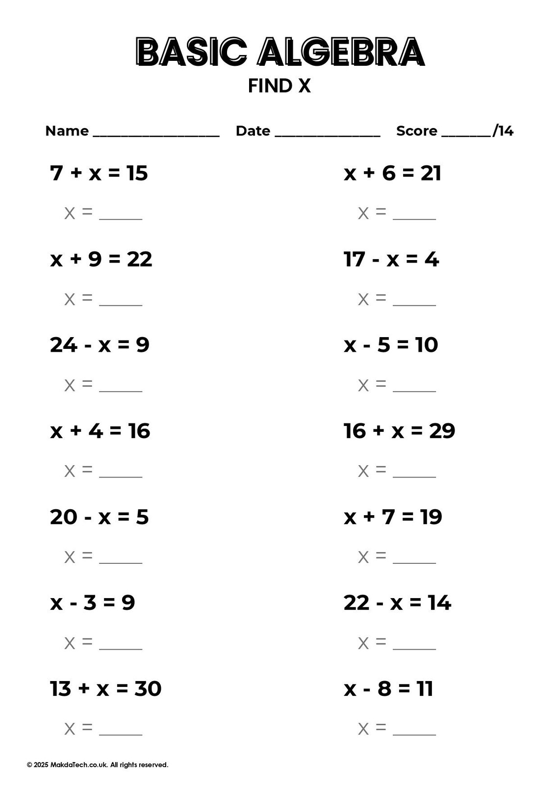 10 Printable Basic Algebra Worksheets - Algebra for Beginners Practice ...