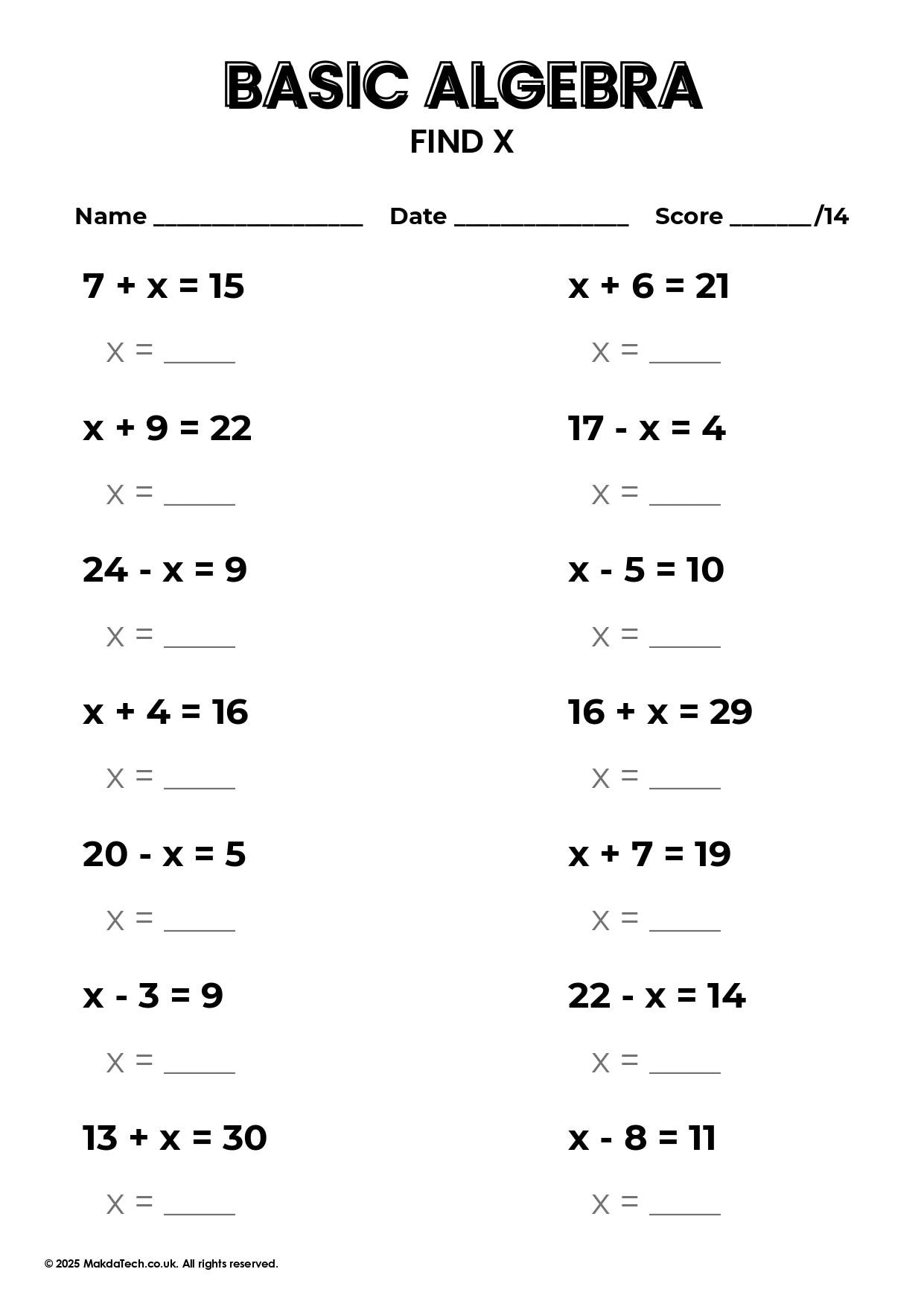 10 Printable Basic Algebra Worksheets - Algebra for Beginners Practice ...