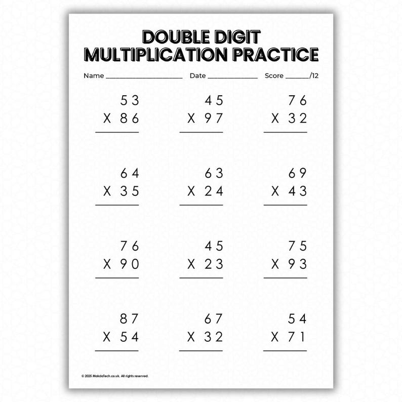 10 Printable Double Digit Multiplication Worksheets Practice Pack - 2 ...