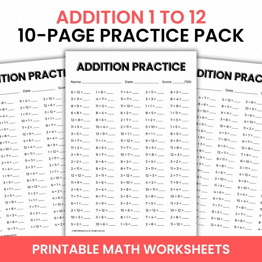 10 Printable Addition 1-12 Worksheets – Printable Math Drills (PDF ...
