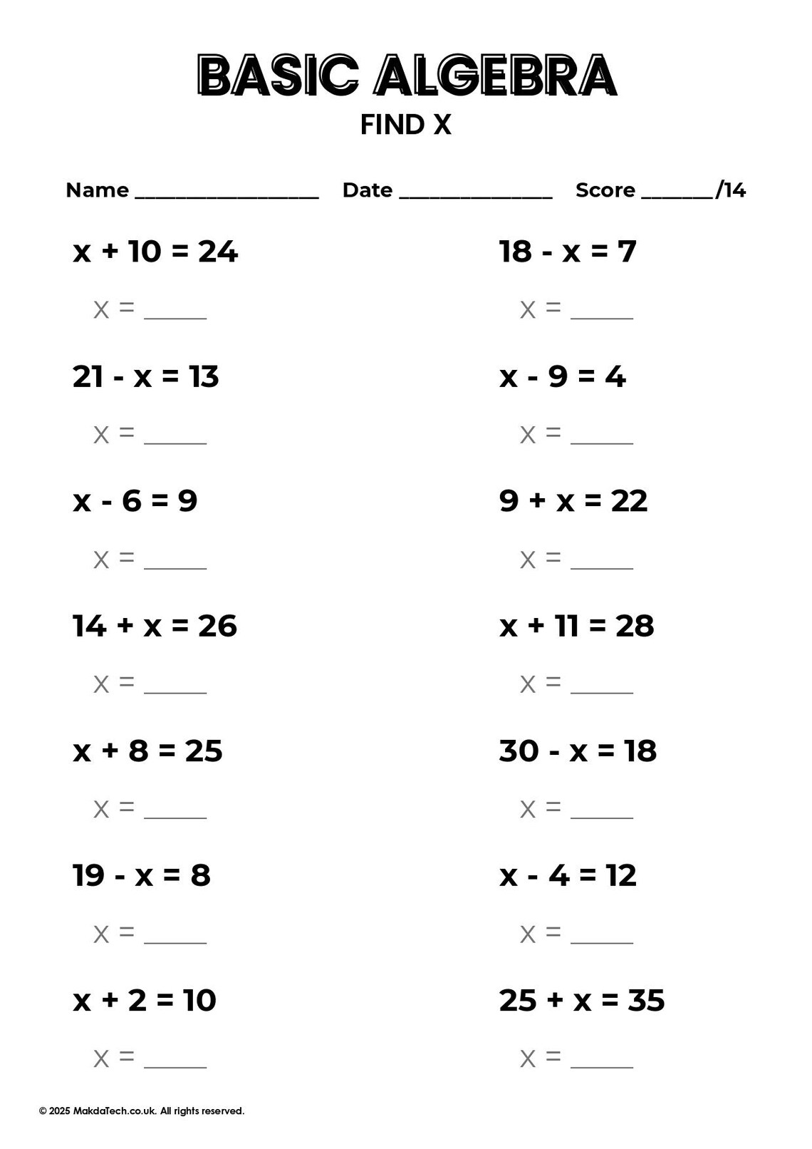 10 Printable Basic Algebra Worksheets - Algebra for Beginners Practice ...