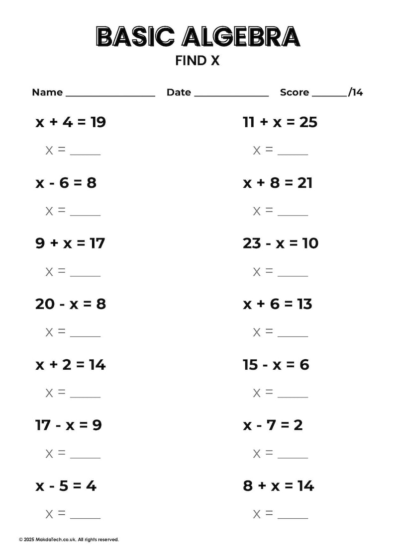 10 Printable Basic Algebra Worksheets - Algebra for Beginners Practice ...
