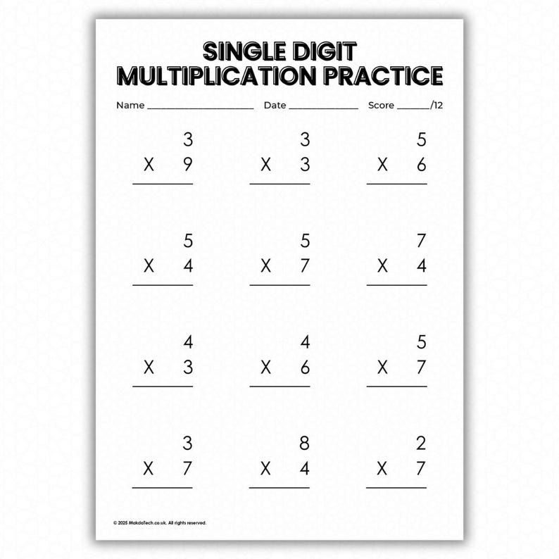 10 Printable Single Digit Multiplication Worksheets Practice Pack ...