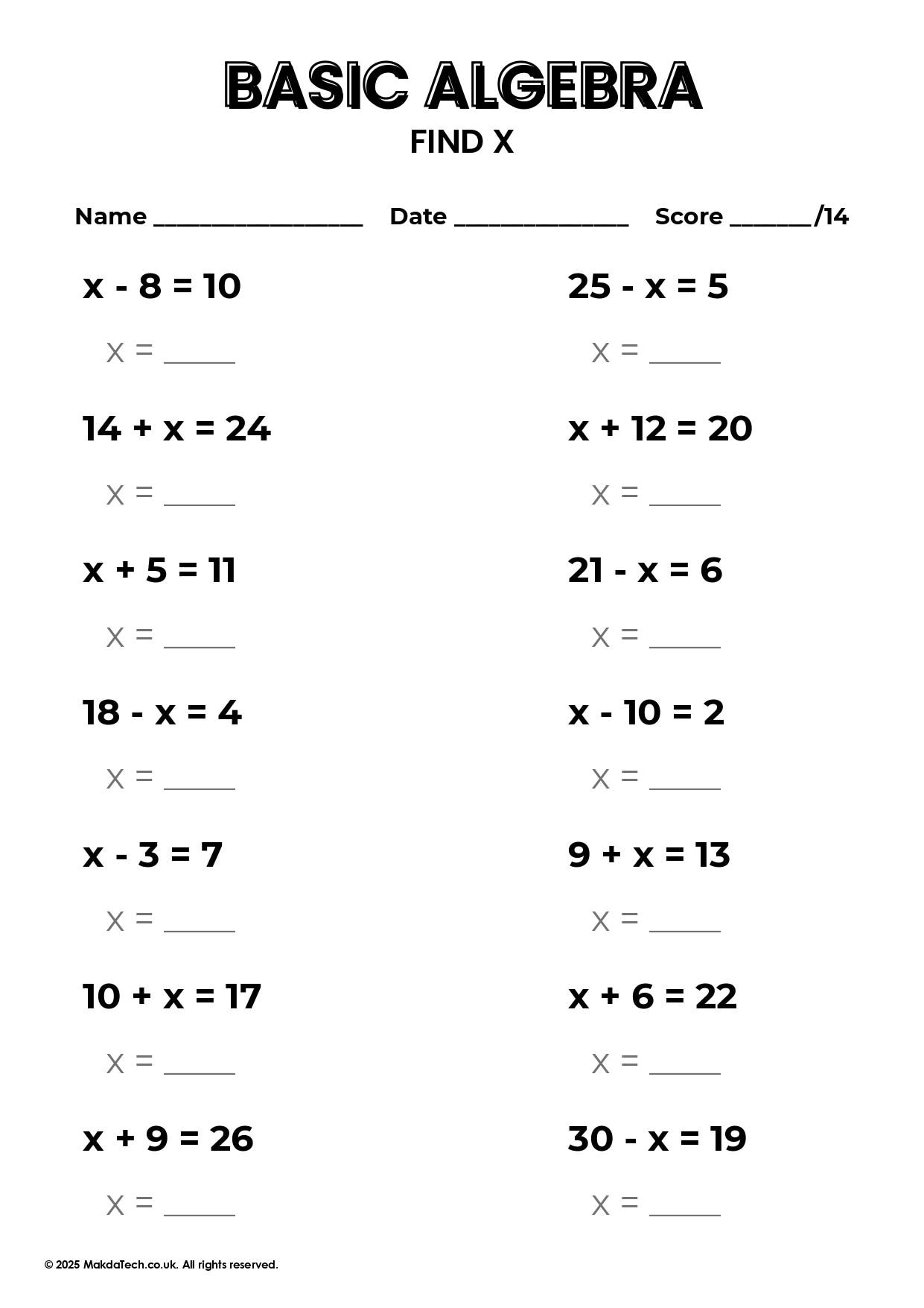 10 Printable Basic Algebra Worksheets - Algebra for Beginners Practice ...