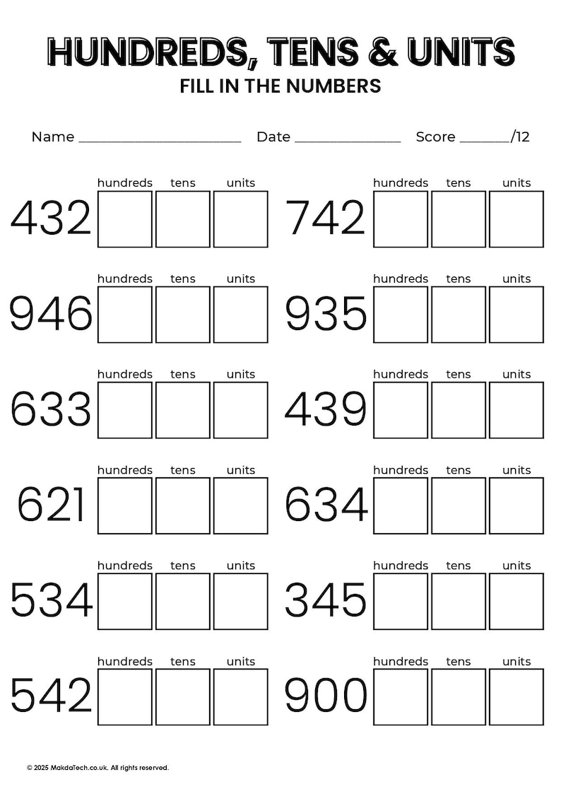10 Printable Hundreds Tens and Units Worksheets Place Value Math ...