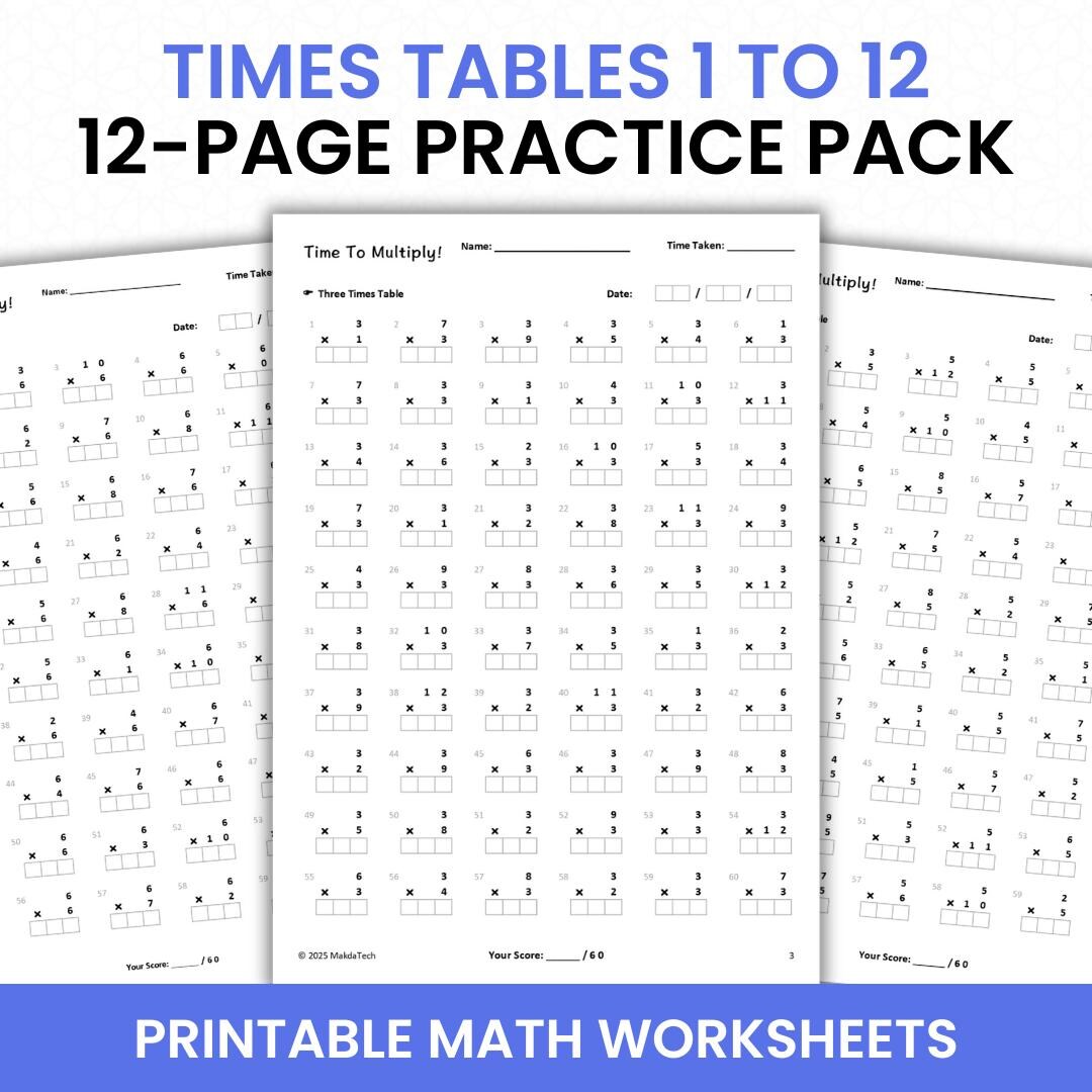 12 Printable Times Tables Worksheets 1-12 - Math Drills, Teacher ...