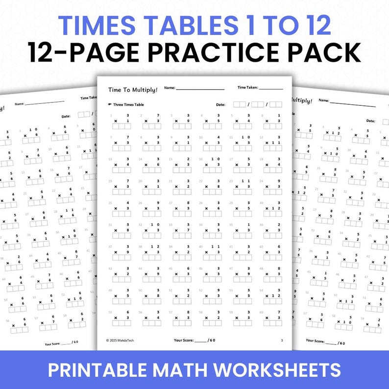 12 Printable Times Tables Worksheets 1-12 - Math Drills, Teacher ...