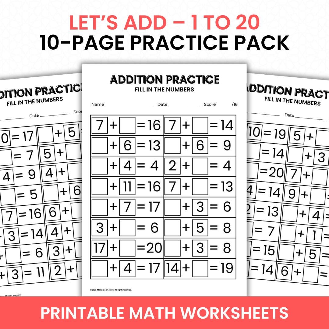 10 Printable Addition Fill in the Blanks Worksheets (numbers 1-20) for ...