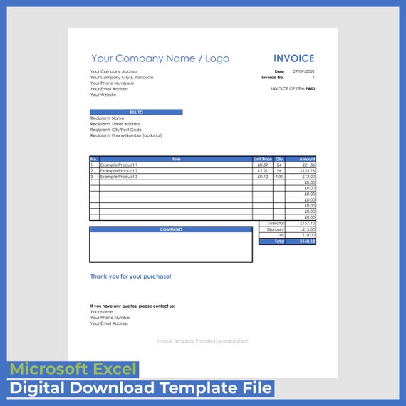 Unit Price Sales Invoice / Receipt Template 2022 Microsoft | Etsy
