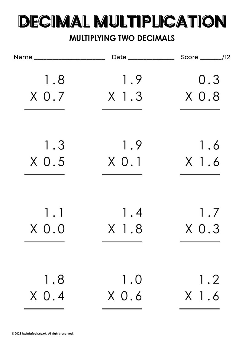 10 Printable Decimal Multiplication Worksheets Practice Pack - Column ...