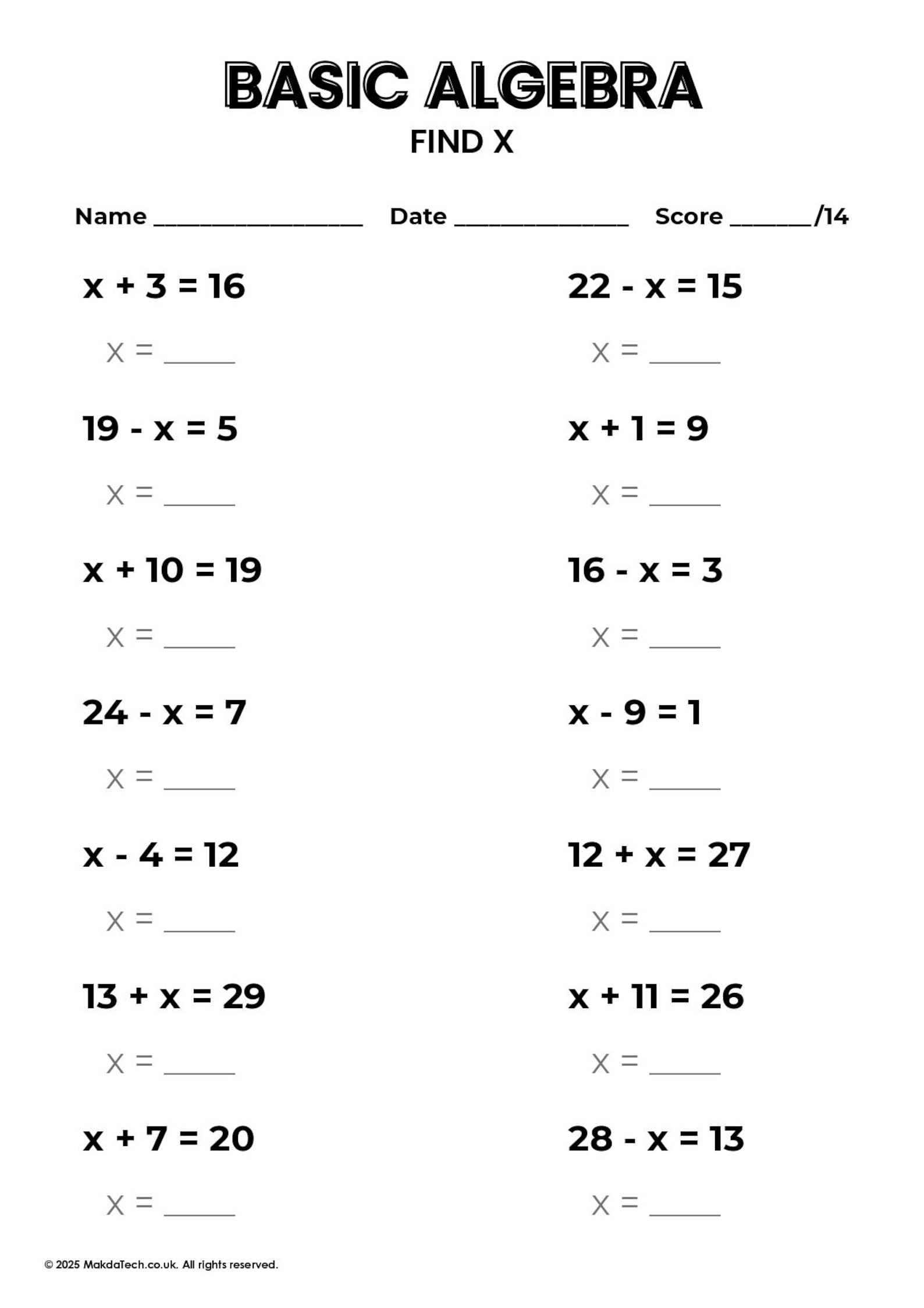 10 Printable Basic Algebra Worksheets - Algebra for Beginners Practice ...