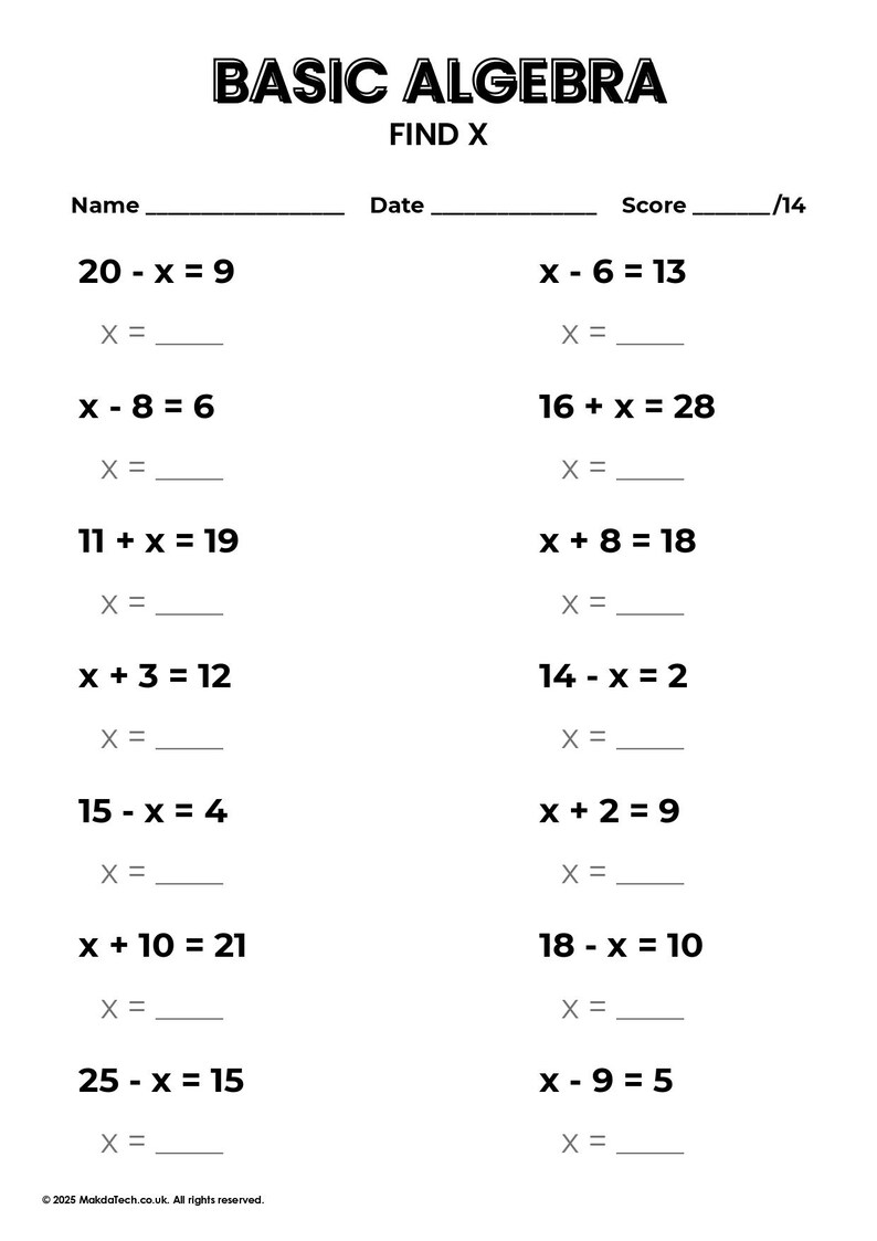 10 Printable Basic Algebra Worksheets - Algebra for Beginners Practice ...