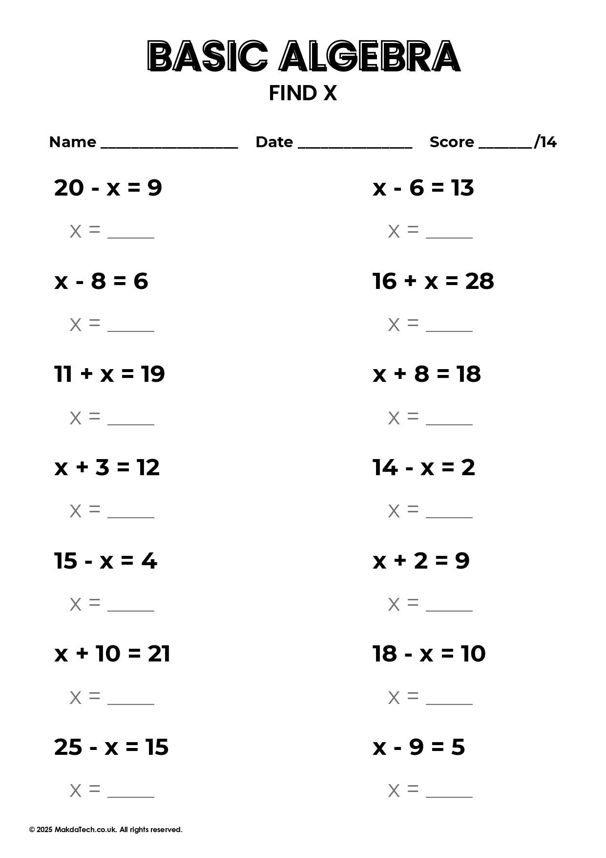 10 Printable Basic Algebra Worksheets - Algebra for Beginners Practice ...