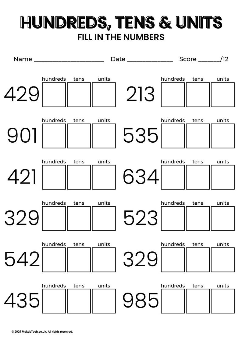 10 Printable Hundreds Tens and Units Worksheets Place Value Math ...