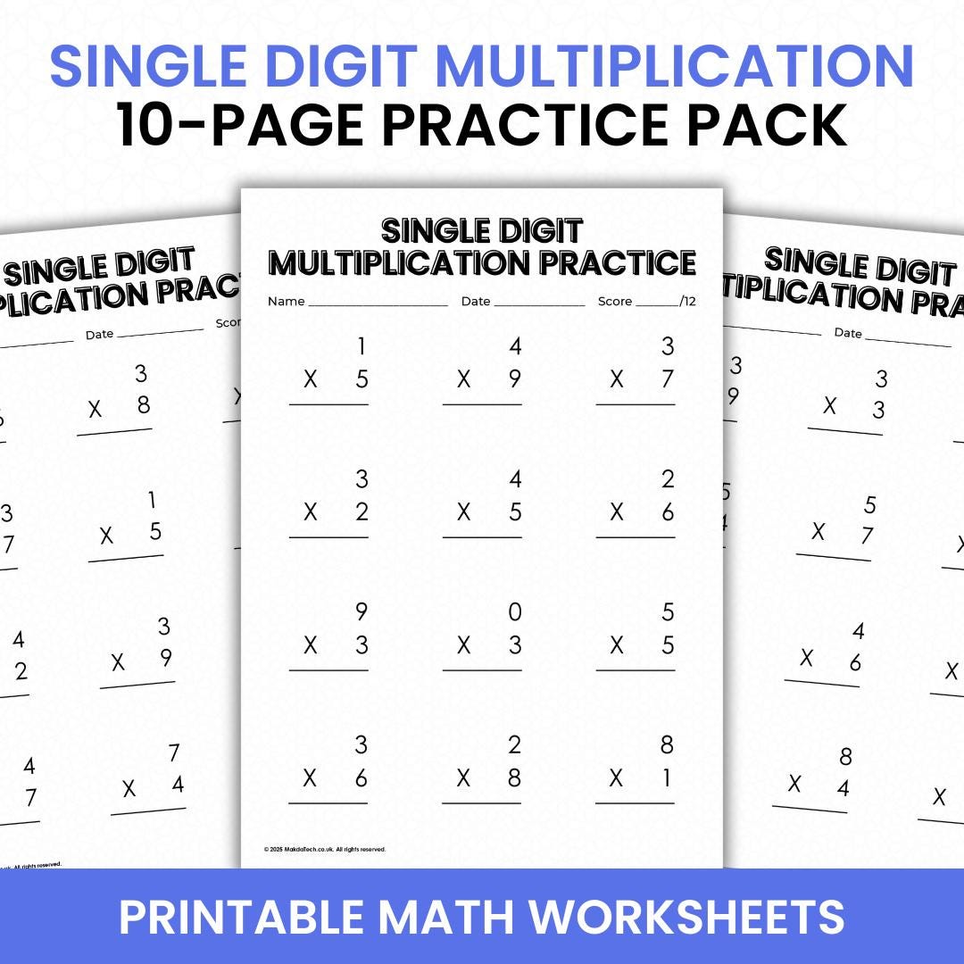 10 Printable Single Digit Multiplication Worksheets Practice Pack ...