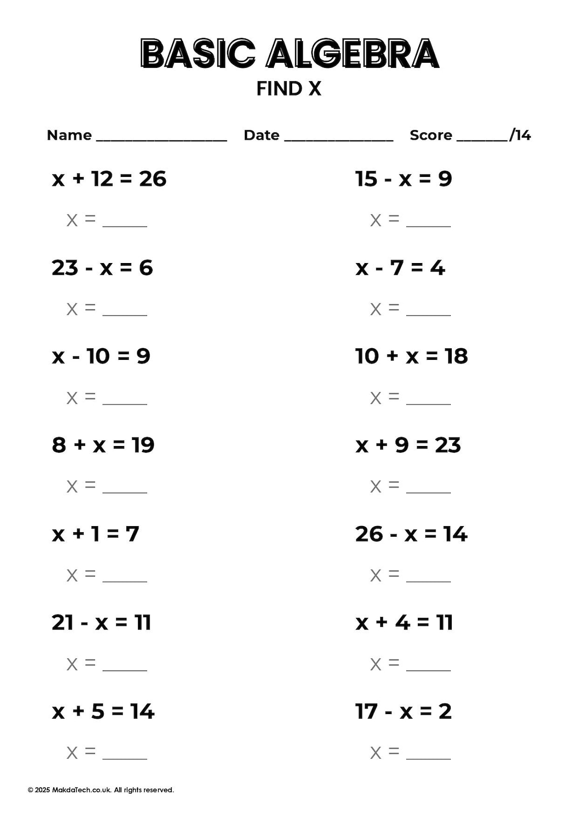 10 Printable Basic Algebra Worksheets - Algebra for Beginners Practice ...