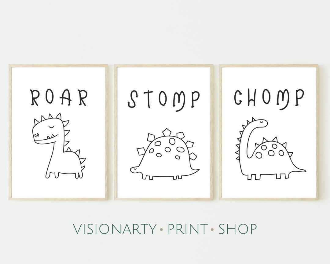 Roar Stomp Chomp Print, Dinosaur Wall Art, Set of 3, Dinosaur Room ...