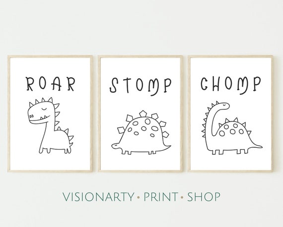Roar Stomp Chomp Print Dinosaur Wall Art Set of 3 Dinosaur - Etsy