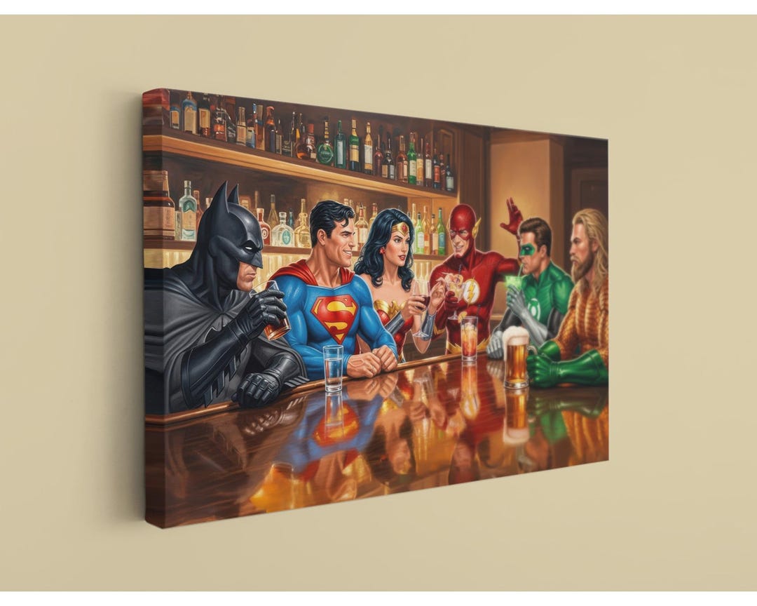 Superhero Bar Scene Canvas, Comic Heroes at a Tavern Wall Art - Funny ...