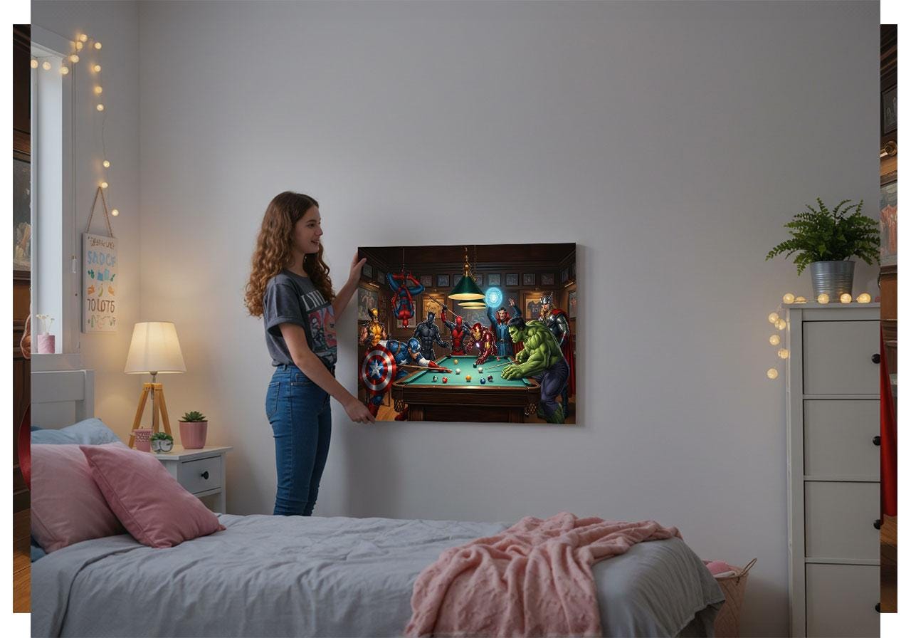 Superhero Billiards Match Canvas, Comic Heroes Game Night Wall Art ...