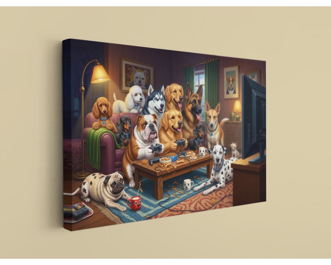 Dogs Playing Video Games Canvas, Funny Animal Game Night Art - Man Cave ...